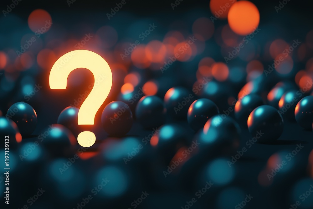 Illuminated question mark among dark spheres. Uncertainty and choices ...