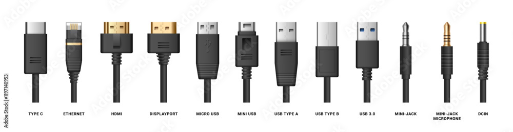 Cables and computer ports different types. Vector isolated set of ...