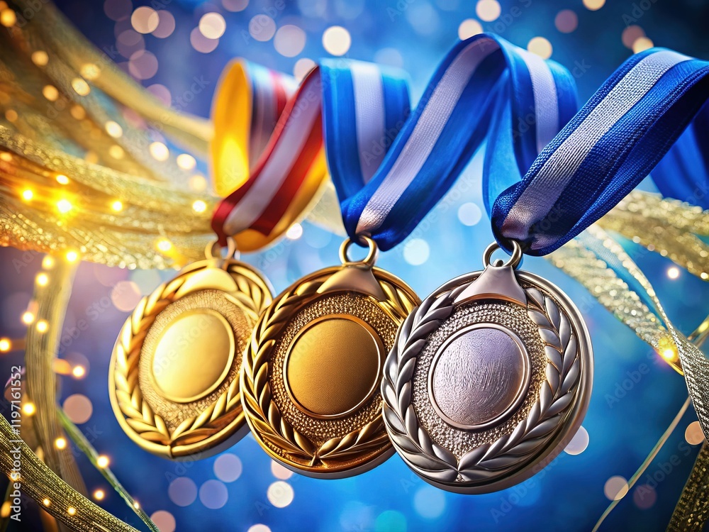 Gold, Silver, Bronze Medals with Blue Ribbons - Sports Award Winner ...