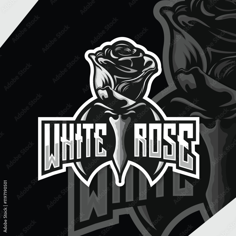 Monochrome logo featuring a stylized white rose with bold, modern ...