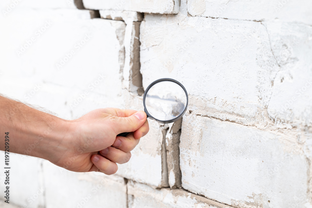 Inspecting building with a crack. Big crack in brick wall, man hands ...