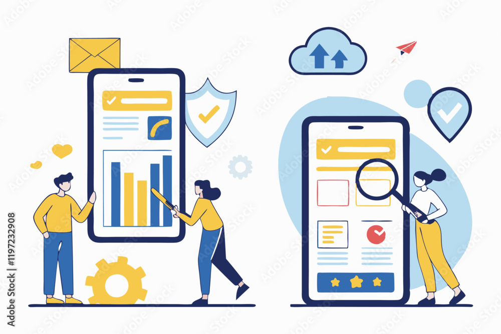 Flat design illustrations, smartphone app concepts, tiny people ...