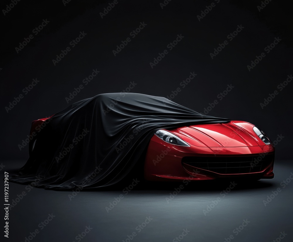 Red sports car covered in black fabric reveals anticipation for an ...