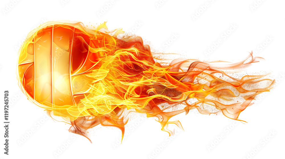 Burning volleyball ball flying with flames isolated on white and ...