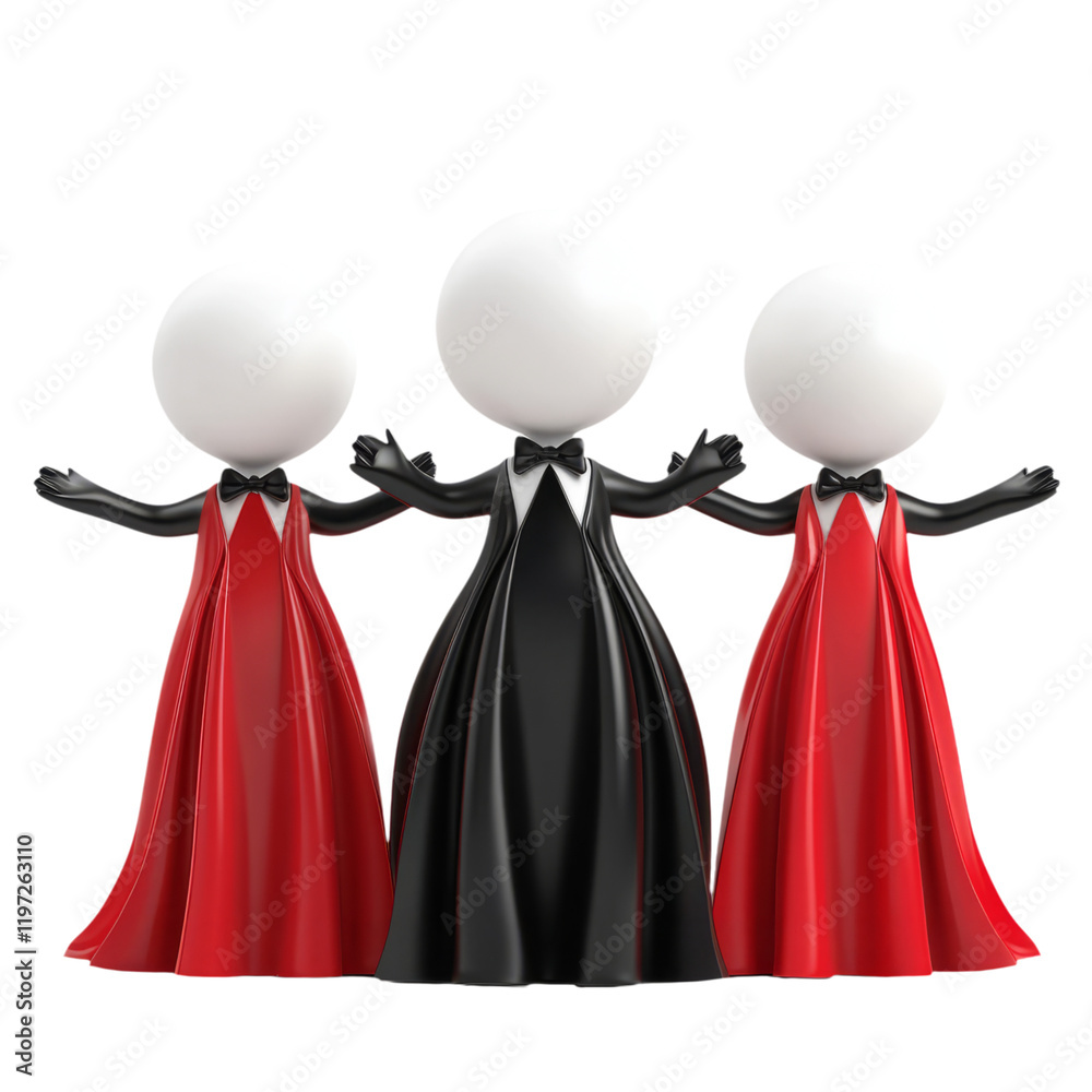 Three 3D Character Singers with Stage Attire on Transparent Background ...