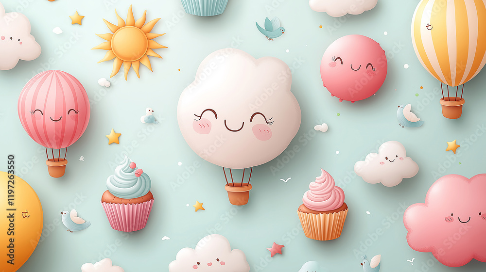 Cute cartoon drawing with balloons, clouds and cappuccino on a light ...