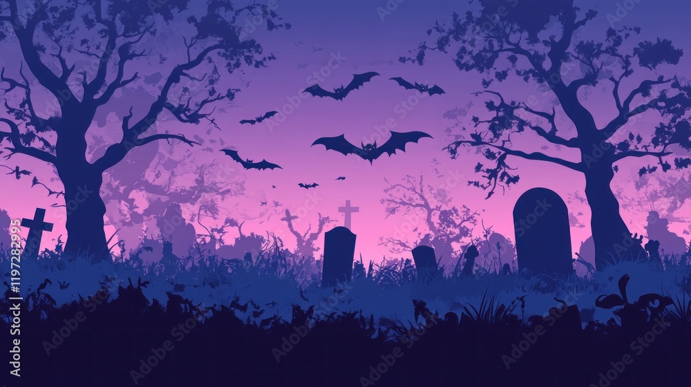 Spooky Halloween Night at the Graveyard: Silhouetted Trees, Tombstones, and Bats Flying Under a ...