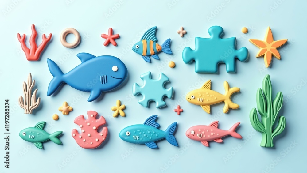 Ilustração Bright colorful cartoon sea animals and coral reef puzzle ...