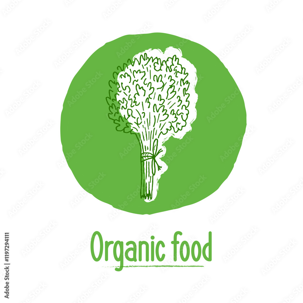 Round logo, label for organic natural products. A hand-drawn bunch of ...