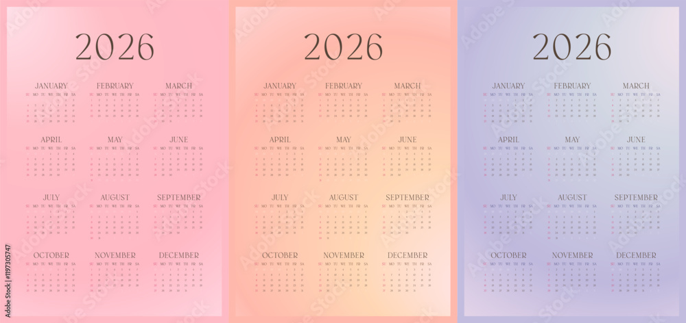 2026 Pastel Gradient Calendar Set, Elegant One Page Annual Design ...