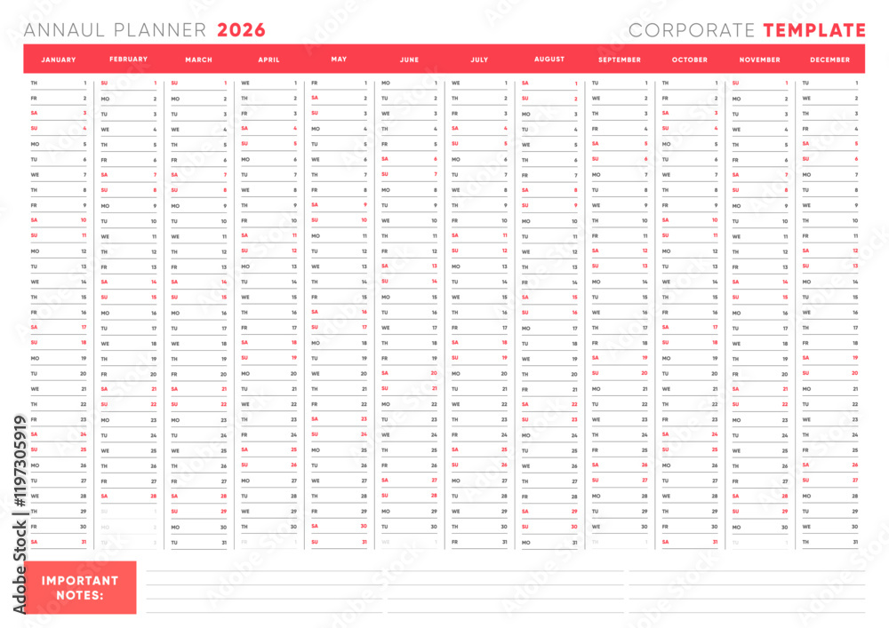 2026 Annual Planner Template, Stylish Horizontal Design with Notes ...
