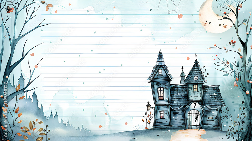 Watercolor, cute and creepy haunted house stationery page border on a ...