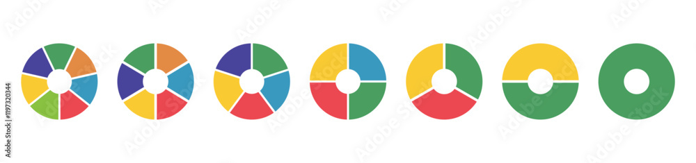 Donut charts, pies segmented on from 1 to 7 equal parts. Diagrams infographic multicoloured ...