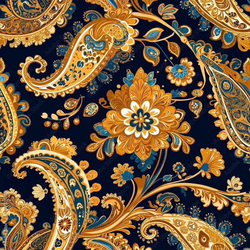 Intricate gold paisley patterns wrapping the edges for a rich luxurious ...