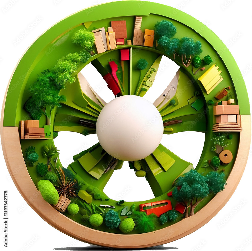 Circular eco city model with green trees, houses, wind turbines ...
