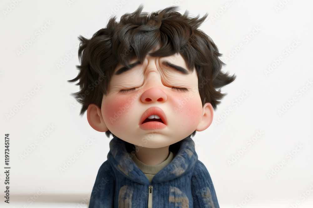 3D of a crying child with closed eyes, trembling lip and flushed cheeks ...