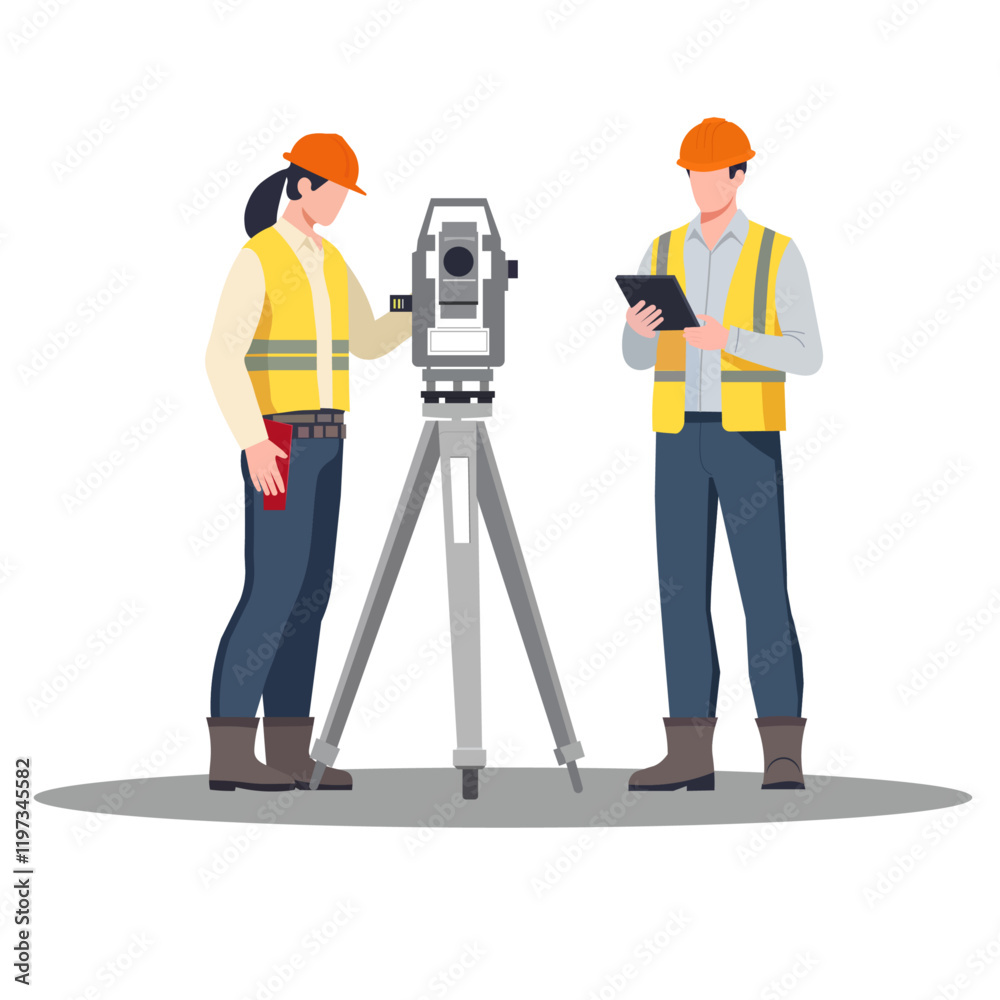 Two construction workers using theodolite for surveying on site. They ...