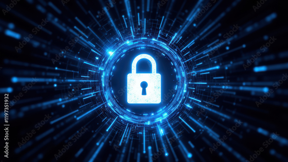 Cybersecurity digital lock logo graphic with abstract light rays ...