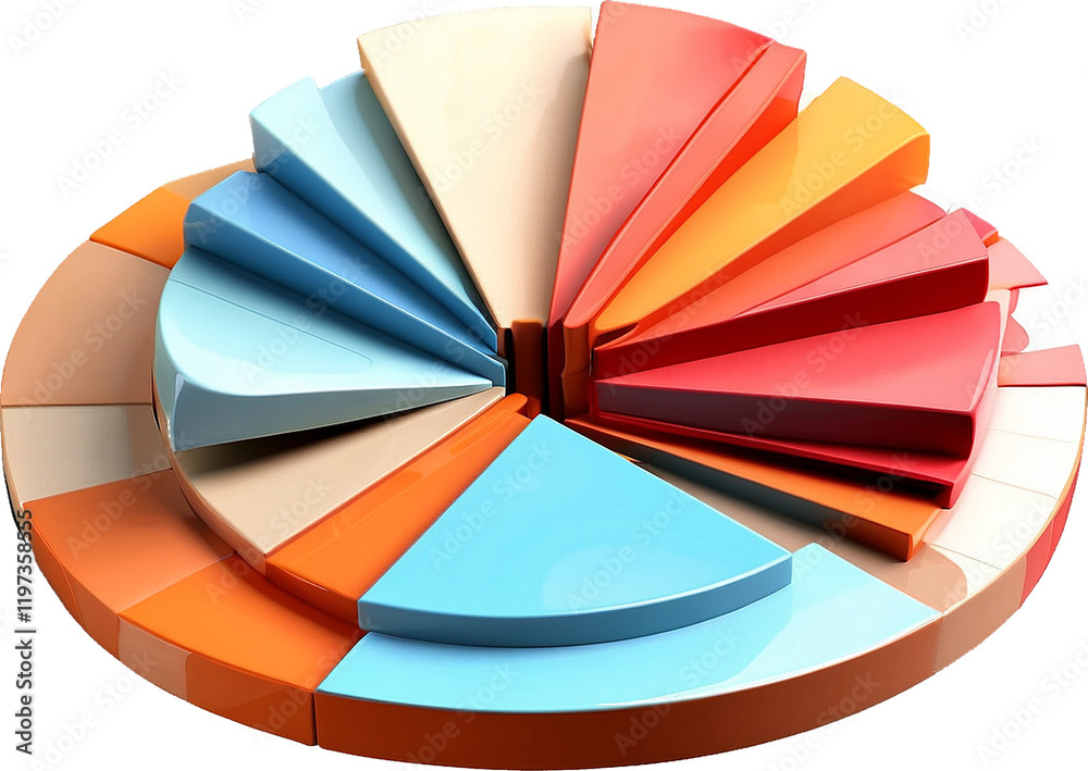 Colorful 3D pie chart with various vibrant segments, illustrating data ...