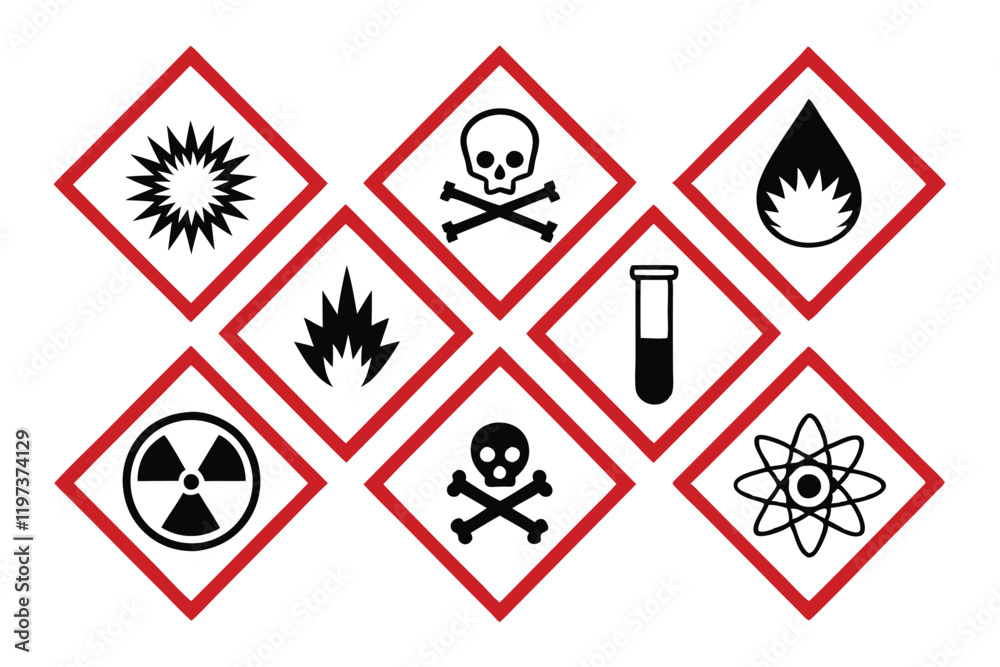 Hazard warning symbols, chemical safety pictograms, red diamond borders ...