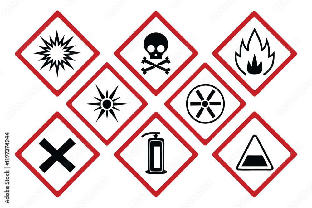 Hazard warning symbols, chemical safety pictograms, red diamond borders, black icons, explosive ...