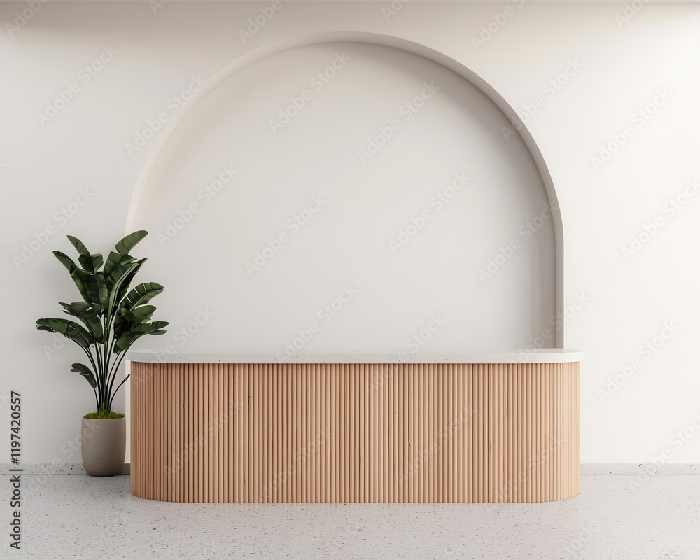 Bank interior with a curved counter design, neutral tones, and modern ...