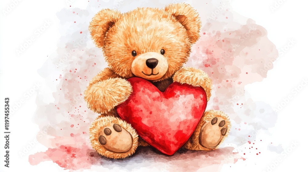 cute teddy bear cuddling a big red heart in watercolor design isolated ...