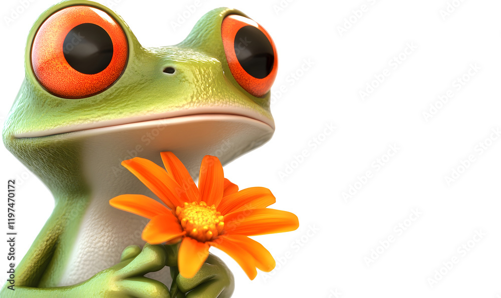 Cute frog holding flower, digital art, black background, mascot Stock Illustration | Adobe Stock