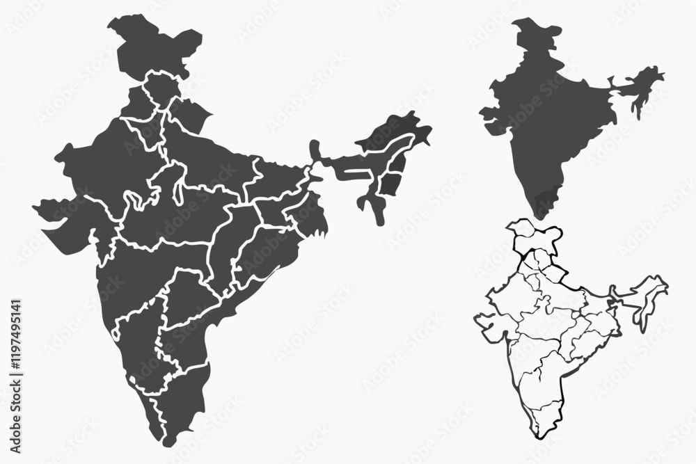 Map of India, multiple variations, grayscale, black and white, outline ...