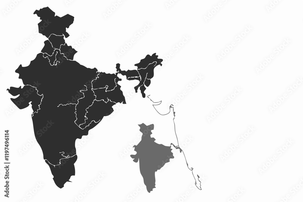 Map of India, multiple variations, grayscale, black and white, outline ...