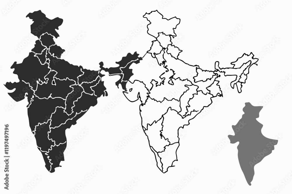 Map of India, multiple variations, grayscale, black and white, outline ...