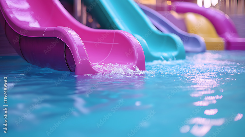 Colorful water slides in a vibrant indoor pool area with splashing ...