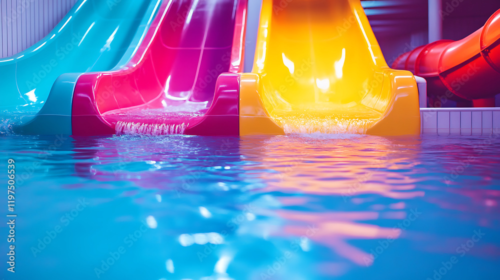Colorful water slides in an indoor pool with flowing water and vibrant ...