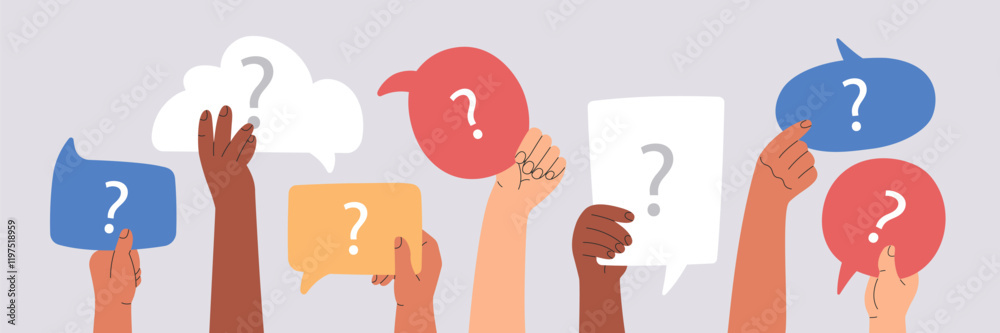 FAQ concept, diverse group of people holding speech bubbles with questions marks, human arms ...