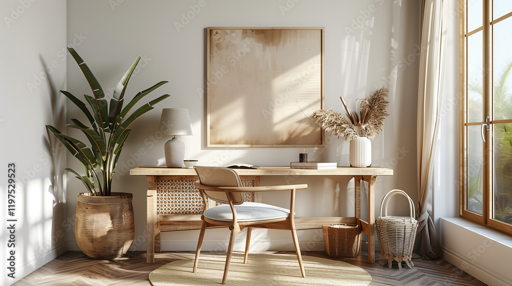 Feminine home office with a neutral color palette and framed mockup ...