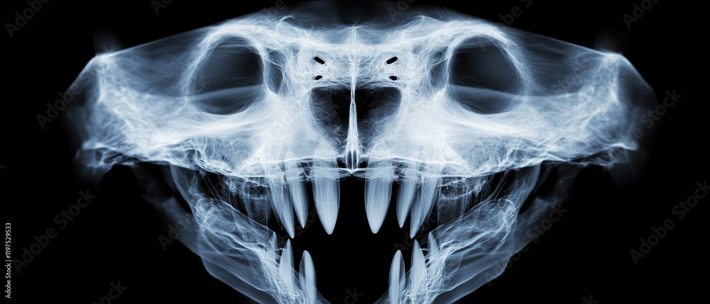 Examining the X-ray of a small mammal skull featuring sharp teeth and ...