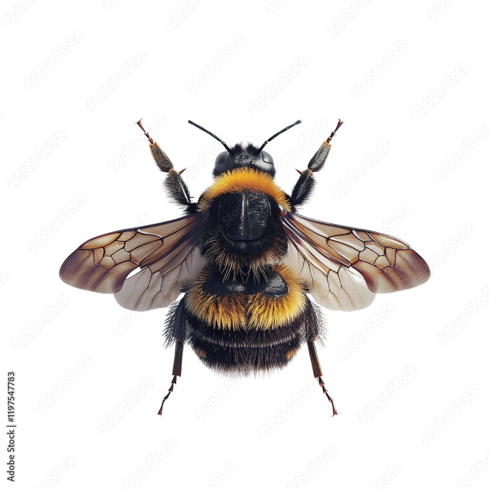 A detailed 3D render of a bumblebee viewed from above showing its wings ...