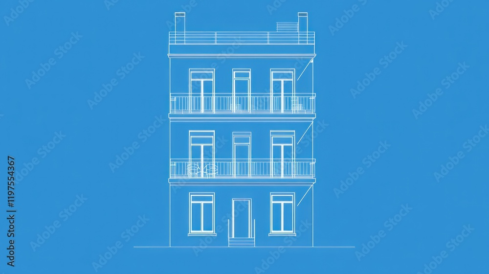 Architectural blueprint of three-story building on blue background for ...
