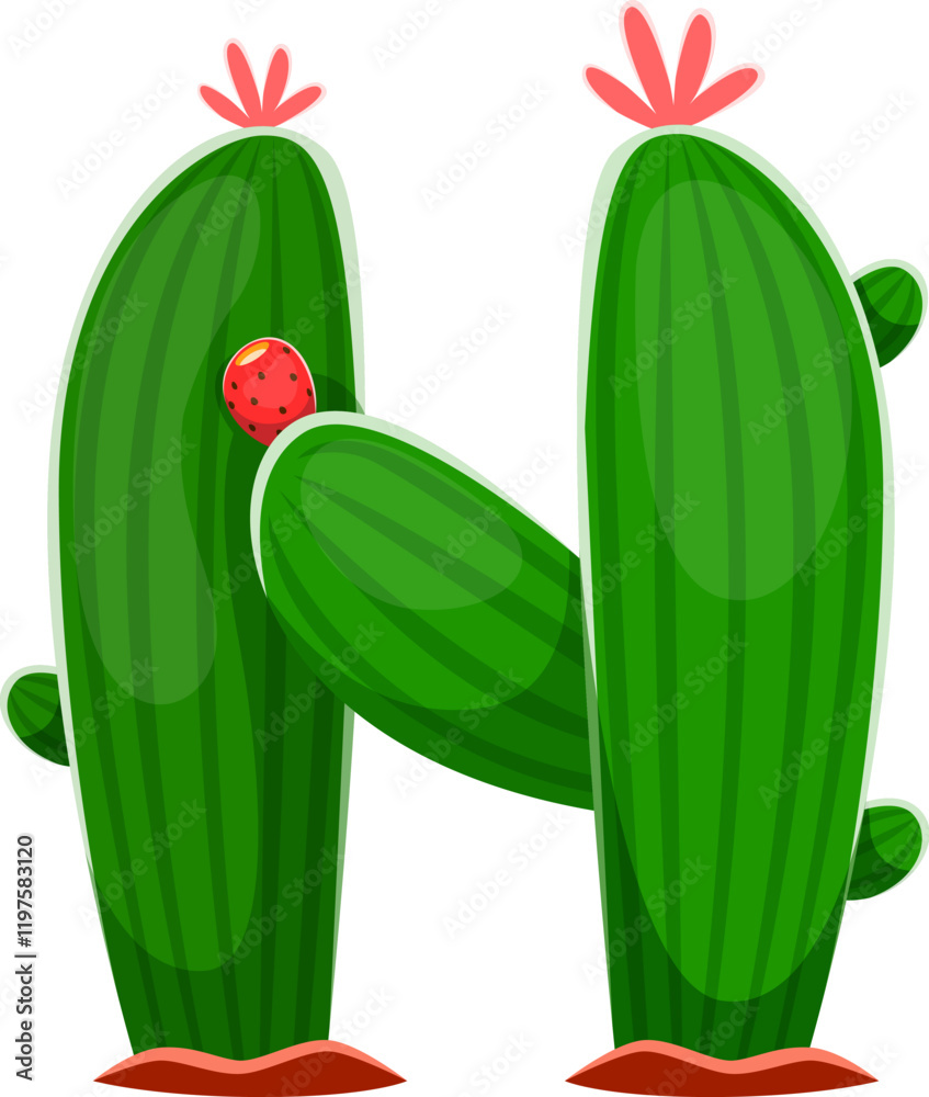 Letter N featuring cartoon cactus plant with thorns, flowers. Playful ...