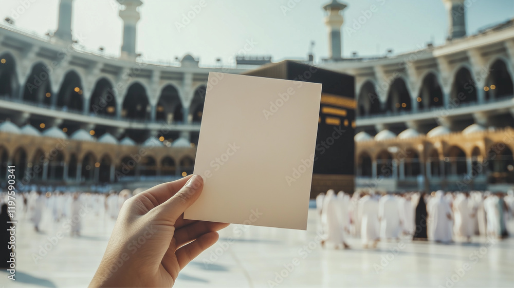 Muslim hand holding a blank sheet of paper, with the background of the ...