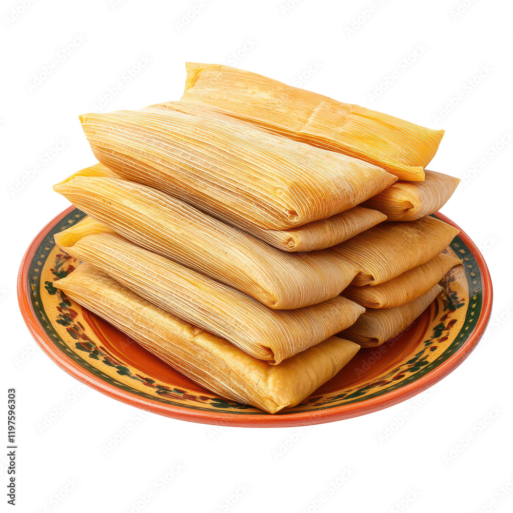 Stacked tamales on a colorful traditional Mexican plate in a vibrant ...