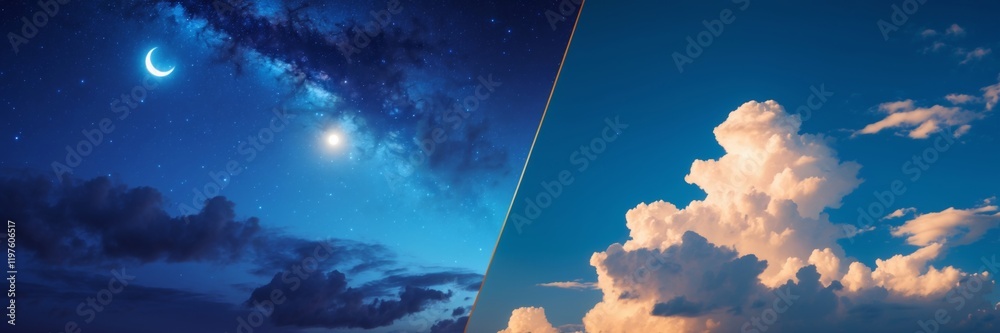 Day and Night, Light Versus Dark, VS, Moon and Sun with Clouds and ...
