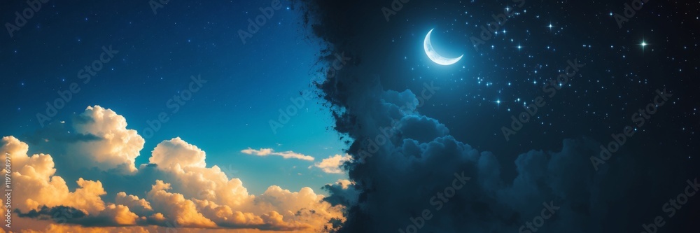 Day and Night, Light Versus Dark, VS, Moon and Sun with Clouds and ...