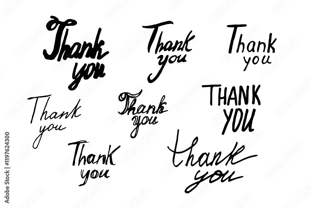 Vector set of gratitude inscriptions. Thank you. Handwritten words ...