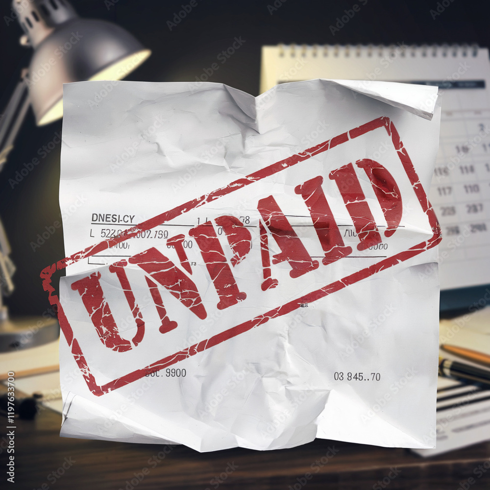 "UNPAID" red stamp on crumpled receipt with office background. Stock ...