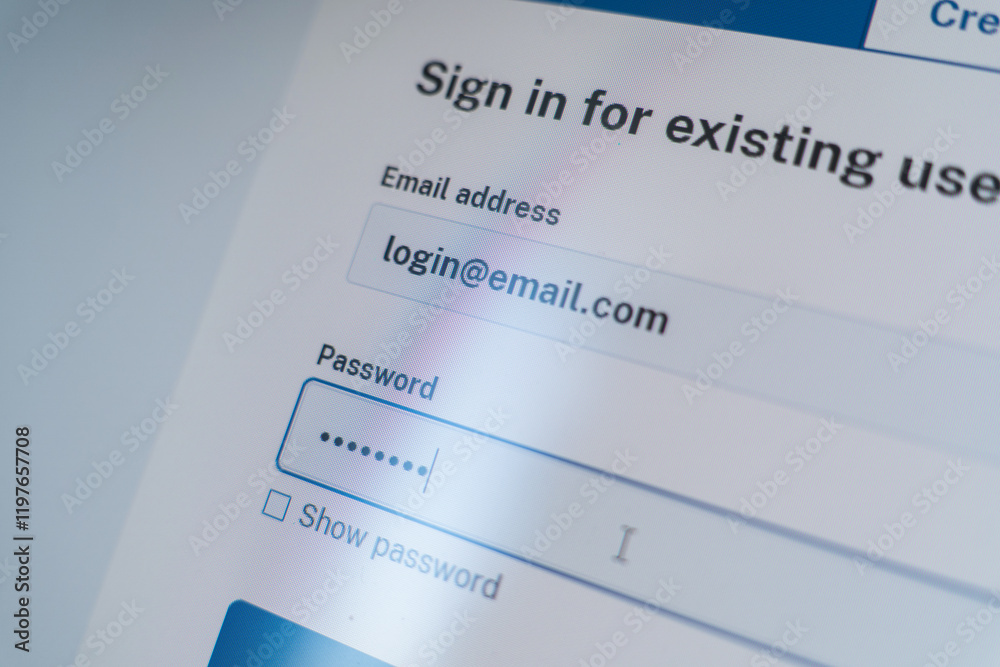Login screen displaying email and password input fields for user authentication Stock Photo ...