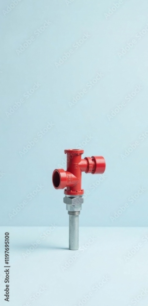 Red plumbing fitting on a pale blue background, industrial pipe ...