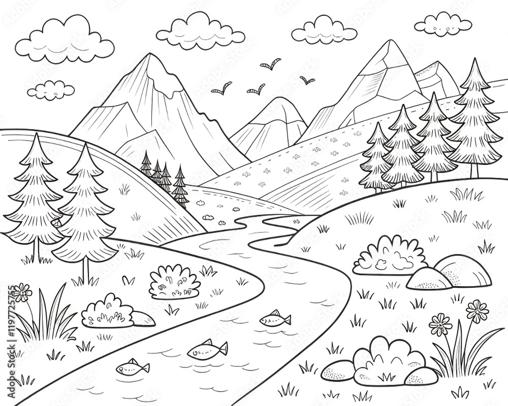 Mountain Landscape Coloring Page with fish, Trees and River. Easy ...