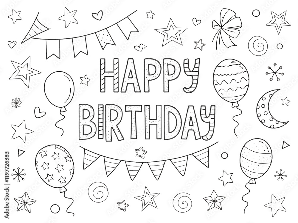 Happy Birthday letter Coloring Page with Balloons and Party Decorations ...