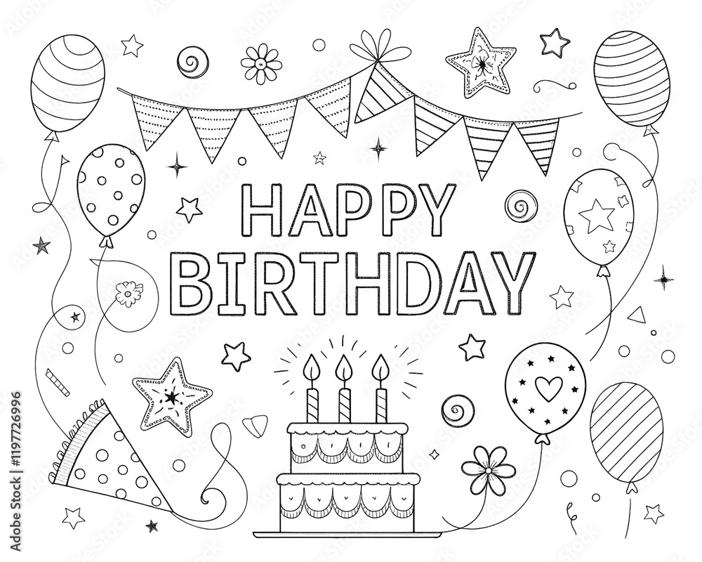 Happy Birthday letter Coloring Page with Balloons and Party Decorations ...